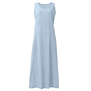 Maxi Dress for Women,2023 Spring Summer Cotton Linen Dress,Ladies Plus Size Boho Beach Flowy Long Dress with Pockets,Casual Trendy Elegant Sleeveless Sundress for Holiday Resort Wear（C-Blue,XXL