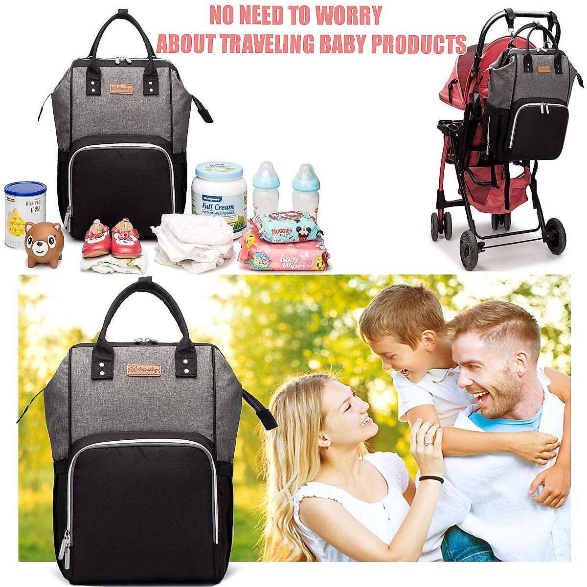 AOCKS Diaper Bag Organizer Insulated Waterproof Travel Backpack Large Capacity for Baby Care,Multi-Function, Stylish and Durable (Black Grey)