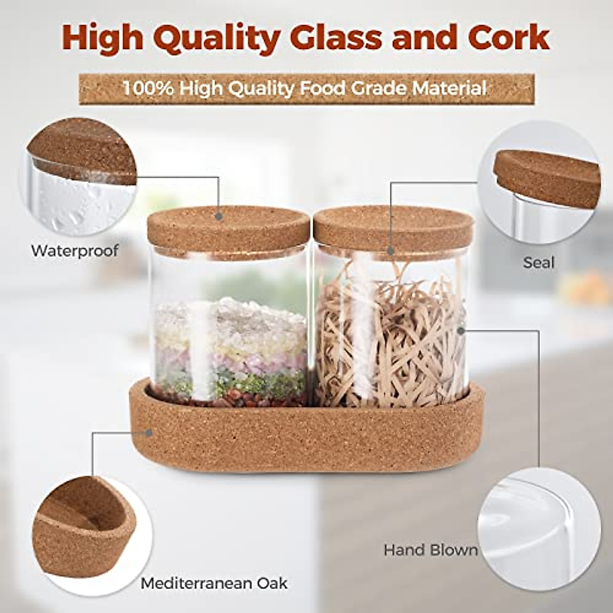 LENNXIER 2 Pack of 15 Oz.Glass Qtip Holder Apothecary Jars with Vanity Tray for Cotton Balls, Cotton Swabs, Cotton Round Pads, Hair Ties, Flosses, Apothecary Jars Set for Canisters Storage, Containers, and Small Items