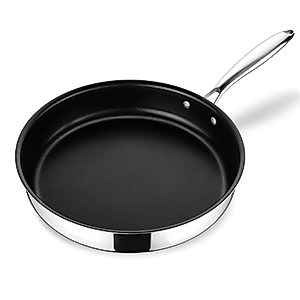 TeamFar 12 inch Frying Pan, Stainless Steel 3-ply Non Stick Skillet Frying Sauté Pan for Cooking Omelets, Eggs, Steaks, Non-toxic & Heavy Duty, Oven & Various Stovetops Safe, Easy Clean