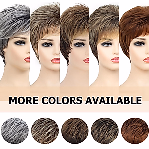 SEVENCOLORS Short Dark Brown Mixed Blonde Pixie Cut Wigs for Women Synthetic Layered Highlight Wigs with Bangs Natural Hair Replacement Wigs