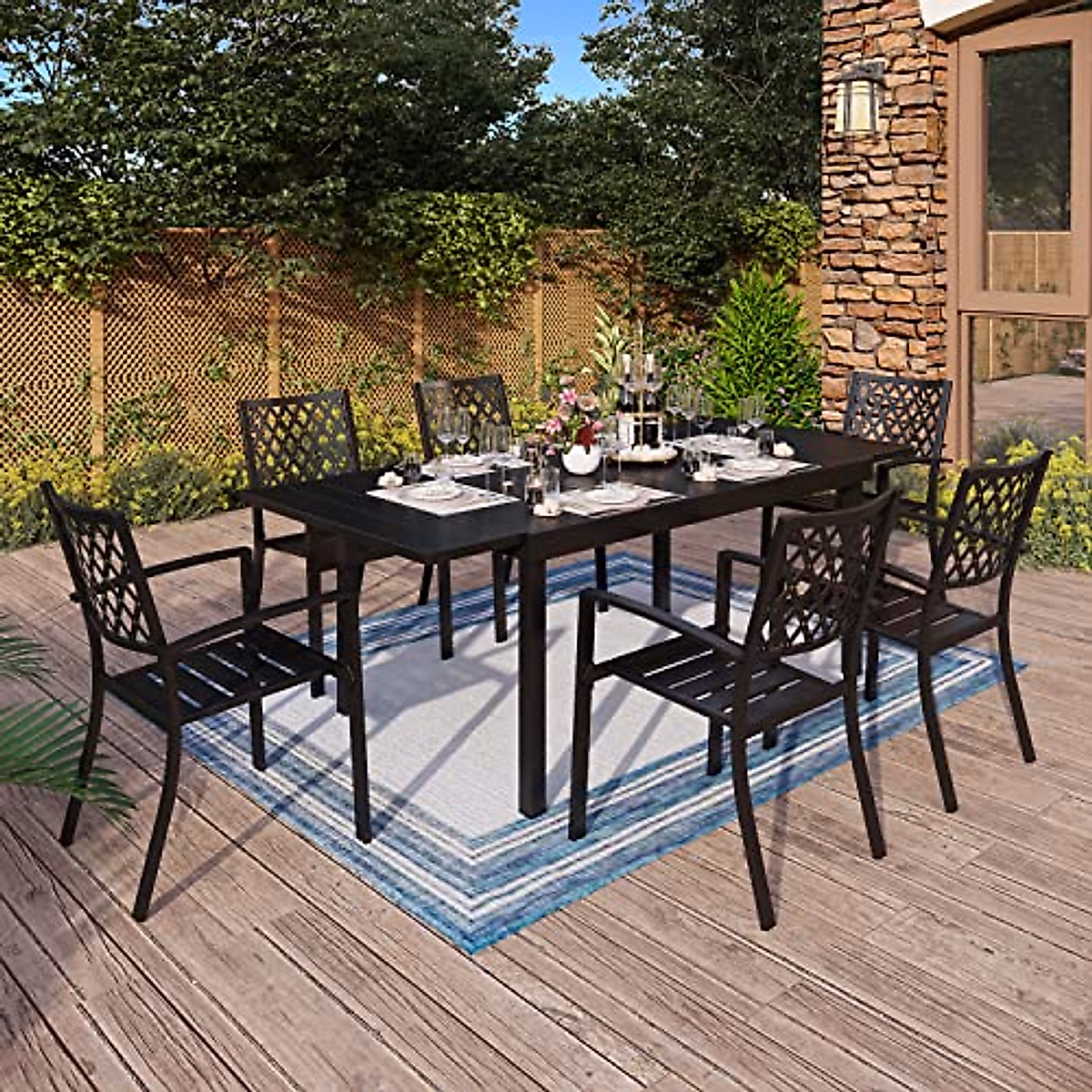 MFSTUDIO Black Metal Patio Stacking Chairs Wave Back Indoor Outdoor Dining Set Wrought Iron Chair with Arm, Set of 6