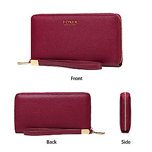 Leather Wallets for Women, Genuine Leather RFID Blocking 17 Card Slots Gift Box Packaging Ladies Purses with Zipper Coin Pocket Women's Long Wallets Womens Zip Around Wallets with Wristband (Red)