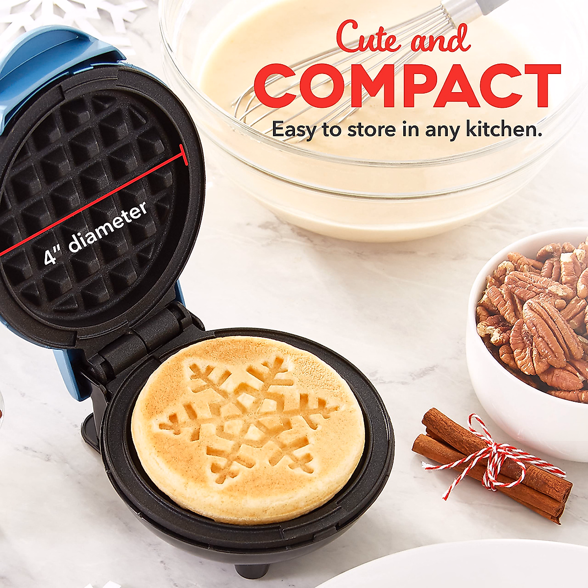 Dash Mini Waffle Maker (2 Pack) for Individual Waffles Hash Browns, Keto Chaffles with Easy to Clean, Non-Stick Surfaces, 4 Inch, Holiday (Snowflake + Gingerbread), Red and Metallic Blue