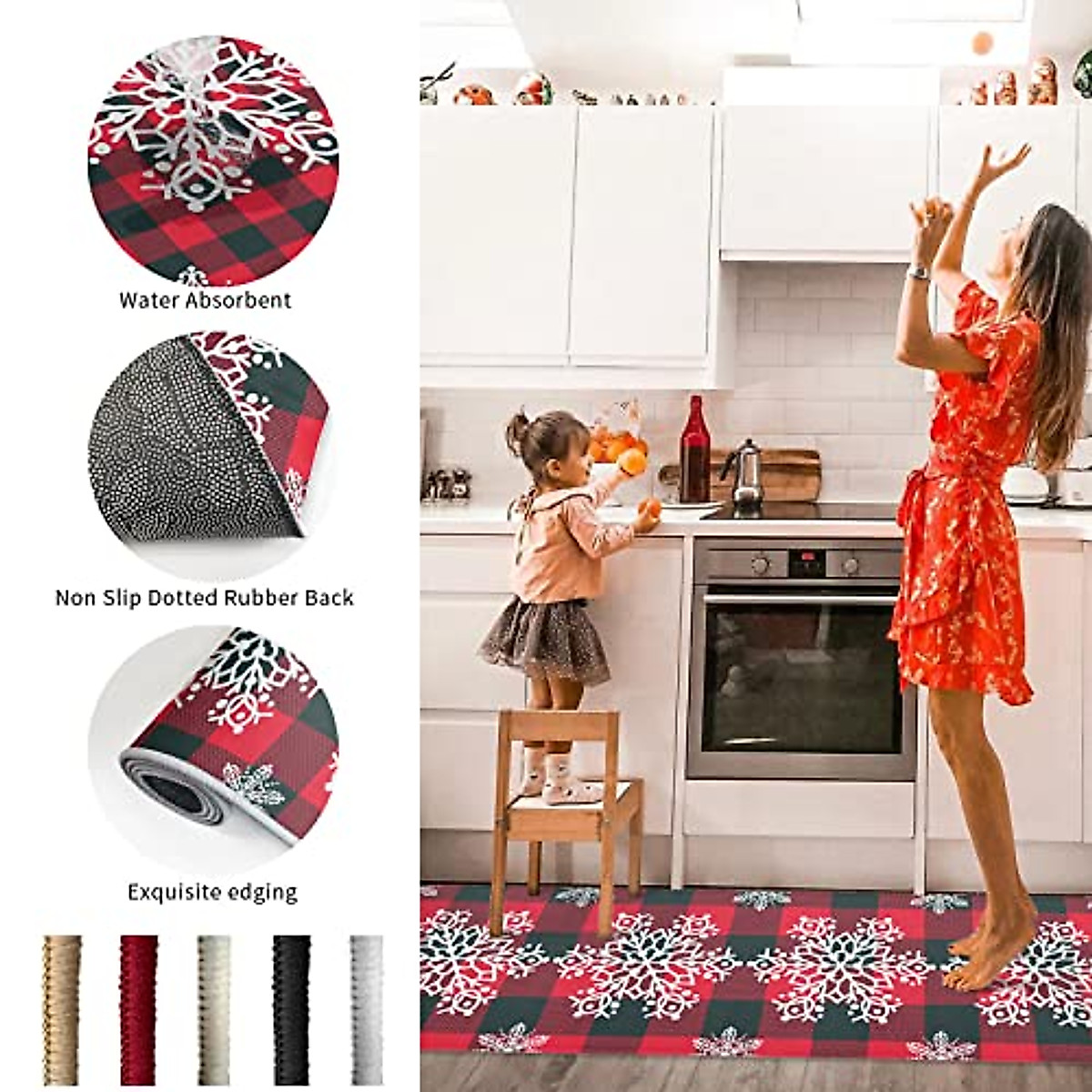 Kitchen Mats fo Floor, Merry Christmas Snowflake Red Black Buffalo Check Plaid Backed Rubber Dots Rugs,Non Slip,Absorbant Runner Rugs for Hallway Entryway,Kitchen,Laundry 1 pcs 23.6x70.9 Inch