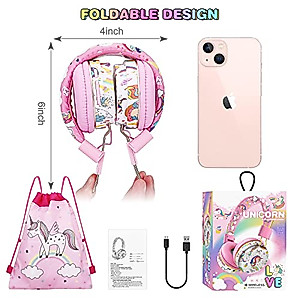 QearFun Unicorn Headphones for Girls Kids for School, Kids Bluetooth Headphones with Microphone & 3.5mm Jack, Teens Toddlers Wireless Headphones with Adjustable Headband for ipad/Tablet/PC/Smartphones