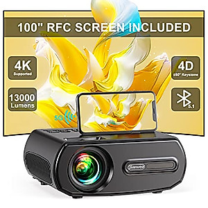 Jimveo Projector 5G WiFi Bluetooth,13000L 420 ANSI Native 1080P Outdoor Projector 4K &4D Keystone&50% Zoom Support,Sealed Mini Portable Movie LED/Home Projectors for Phone/TV Stick/PC[Screen Included]