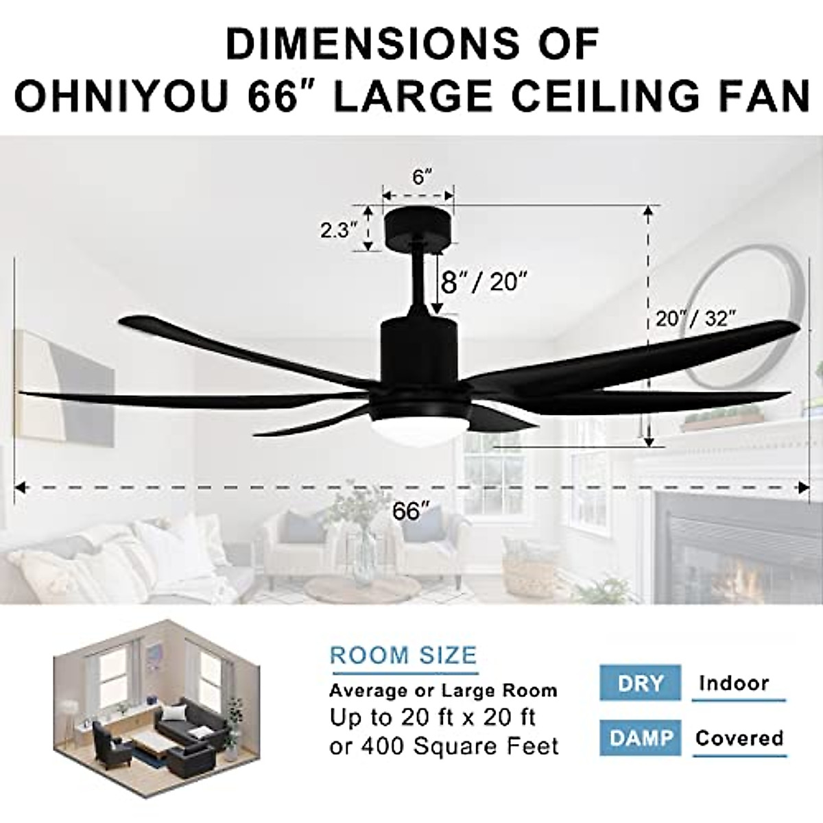 Ohniyou 66''Ceiling Fan with Lights Remote Control, Large Ceiling Fan Black, 6 Blades 6 Speeds Ceiling Fan Light for Outdoor Indoor Patio Living Room Porch Office Garage Shop Factory Warehouse