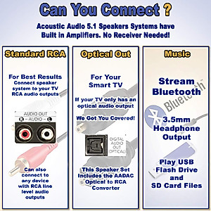 Acoustic Audio AA5240 Home Theater 5.1 Bluetooth Speaker System with Optical Input and 2 Extension Cables