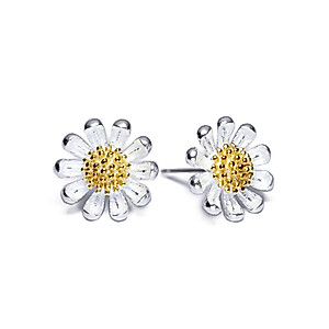 Daisy Earrings Stud for Women Teen Girls S925 Sterling Silver 14K White Yellow Gold Plated Pierced Ear Tiny Small Flower Leaf Stud Earrings Post Pin Hypoallergenic Jewelry (9.5mm)