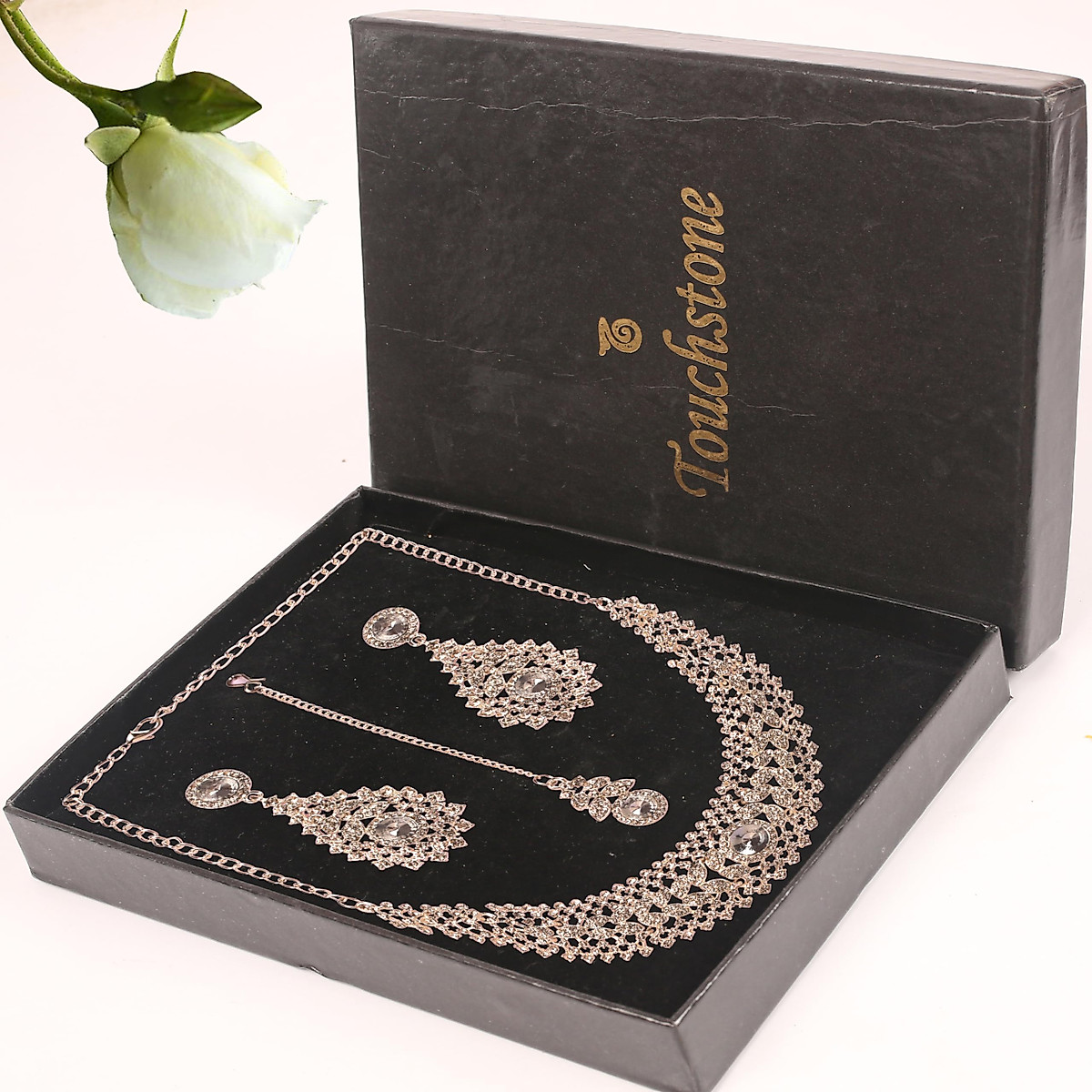 Touchstone Indian jewelry set for women rhinestone bridal necklace statement wedding brides earring formal big designer collar style trendy desi rhinestones maang tikka fashion in silver tone.