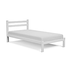 Amazonas Twin Size Bed Frame Solid Pine Wood and Hardwood Slats Support White Finish Wooden White Kids Bed Single Suitable for Boys Girls Bedroom Wooden Bed Frame