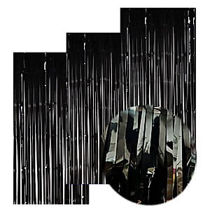Black Foil Fringe Curtains, Black Streamers Backdrop, 3Packs 3.2ft x 8.2ft Black Tinsel Backdrop Curtains for Holiday Graduation Halloween Birthday Party Photo Booth Props Decorations