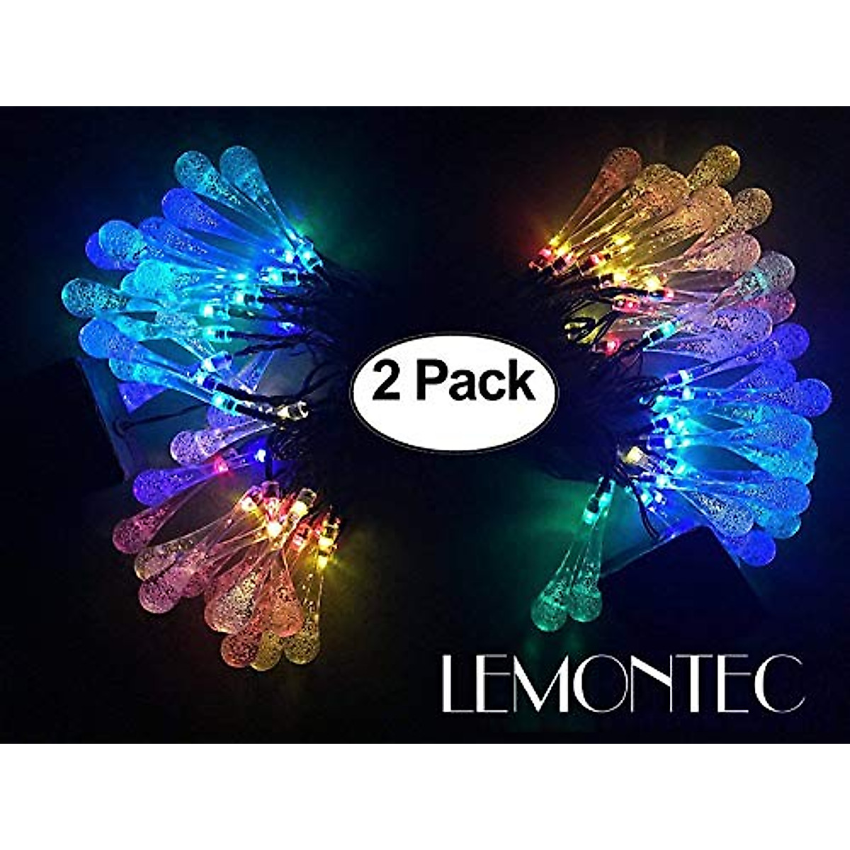 Lemontec 2-Pack Solar String Lights 20 Feet 30 LED Water Drop Solar Fairy Waterproof Lights for Garden, Patio, Yard, Home, Parties, Multi Color