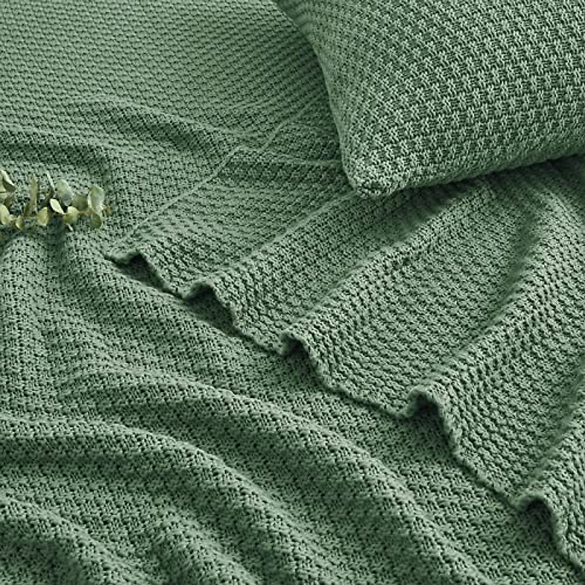 TREELY 3 Piece Sage Green Knit Throw Blanket Set,Warm Knitted Blankets 50" x 60" and 2 Square Pillow Covers 18" x 18", Decorative Throw Blankets for Couch Sofa Bed Living Room