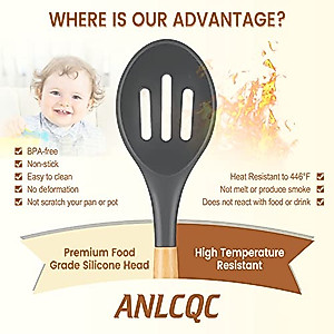 ANLCQC Kitchen Utensils Set with Holder, 37 PCS Silicone Cooking Utensils Set Gadgets for Cooking, Non Stick Wooden Handle Silicone Kitchen Cooking Utensils Sets Cookware, Gray