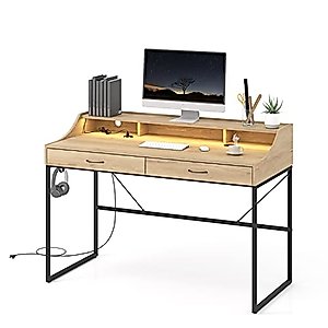 LINSY HOME Computer Desk with Two Drawers and LED Light, 47-inch Writing Desk Study Table with Monitor Stand Riser for Home Office, Light Brown