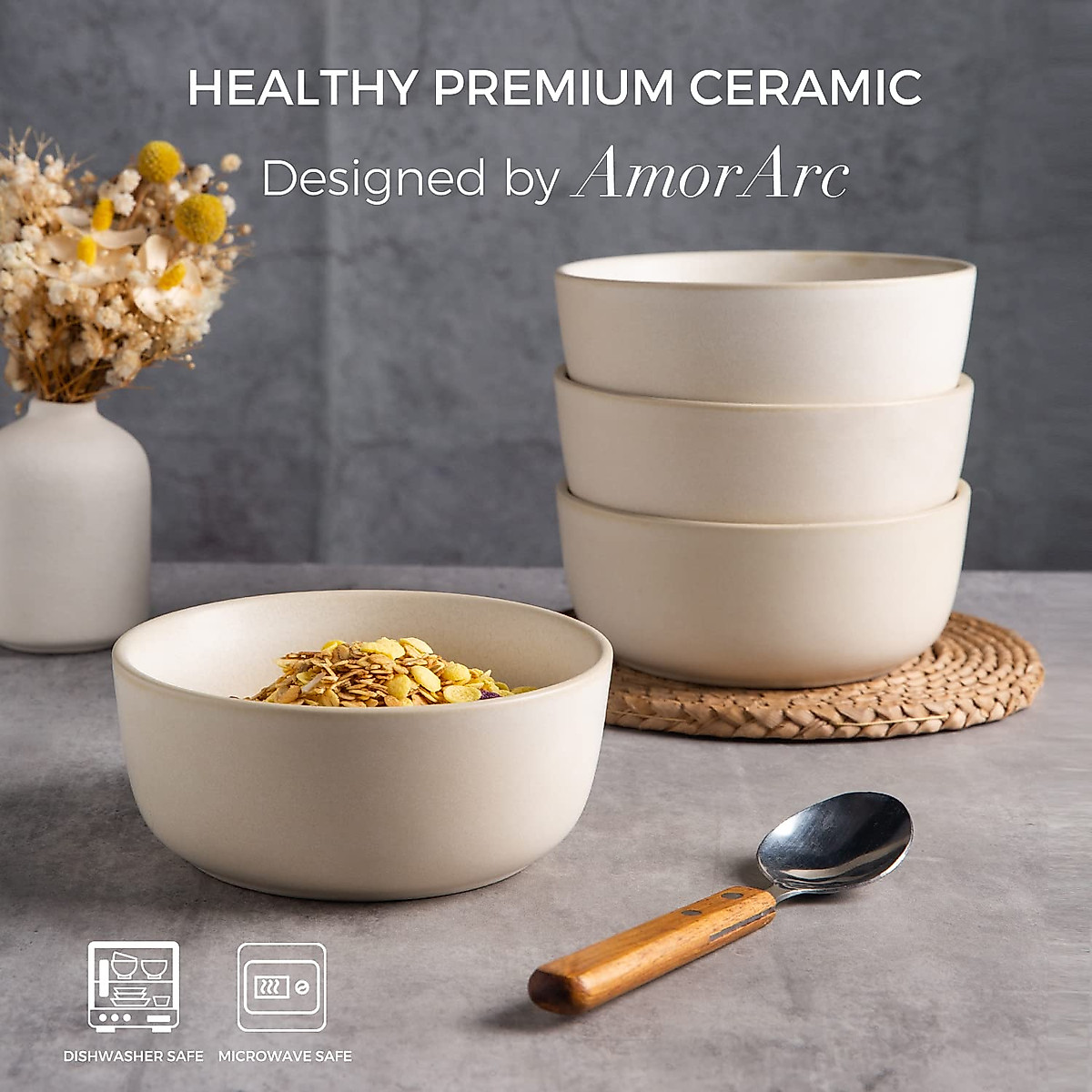 AmorArc Ceramic Dinnerware set, Service for 6 (12pcs), Stoneware Plates and Bowls Set,Highly Chip and Crack Resistant | Dishwasher & Microwave Safe, Matte-Ivory RusticStyle