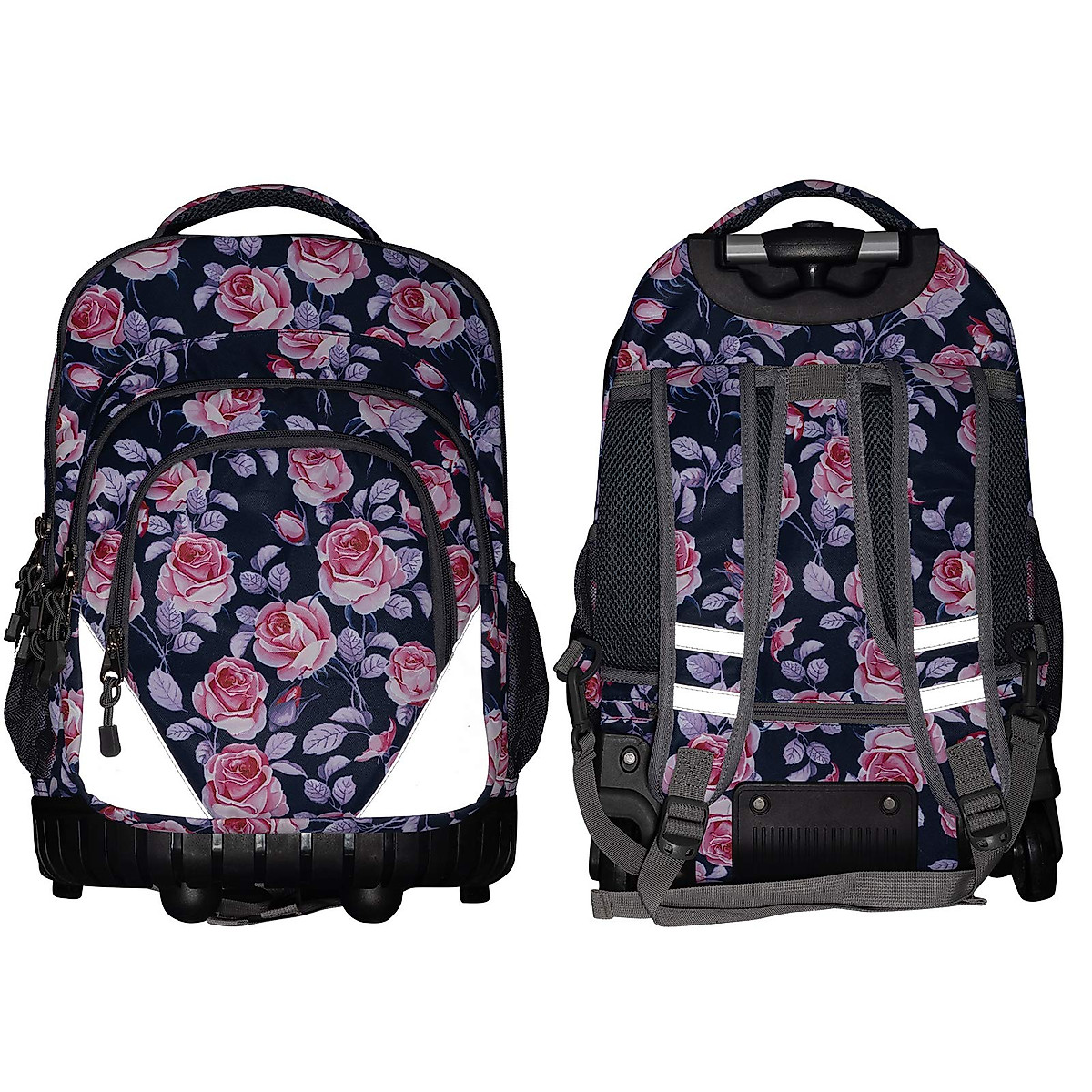 SKYMOVE 18 inches Wheeled Rolling Backpack Multi-Compartment College Books Laptop Bag Business Trip Carry-on, Pink Flower
