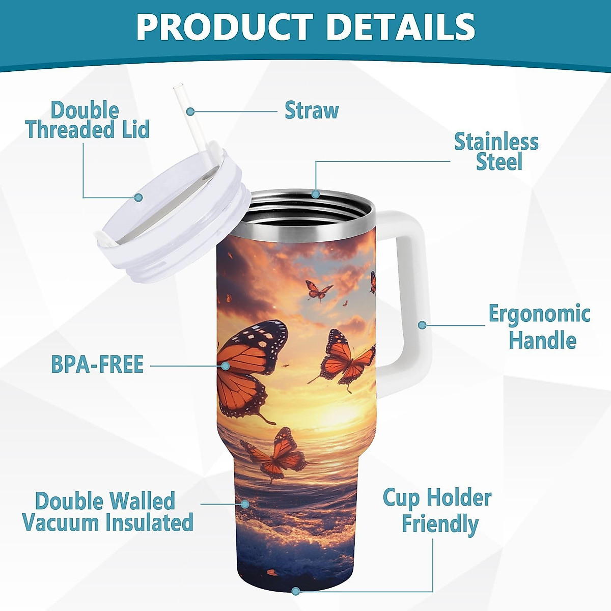 Slewiaeky Cute Animal Butterfly 40 oz Tumbler with Handle Straw and Lid Sunshine Stainless Steel Vacuum Insulated Reusable Water Bottle Glasses Travel Mug Thermal Cup for Home Office Car
