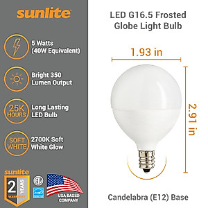 Sunlite 40295 LED G16.5 Globe Light Bulb, 5 Watts (40W Equivalent), 350 Lumens, 2700K Soft White, Dimmable, Candelabra E12 Base, Short Bulbs, Vanity Bulbs, Energy Star Listed, Frosted, 3 Count