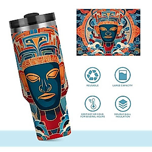 Nexawaveo 30oz 40oz Mythical Sanxingdui Ornament Dark Stainless Steel Vacuum Insulated Tumbler with Lid and Straw for Water, Iced Tea or Coffee, Smoothie Travel Mug