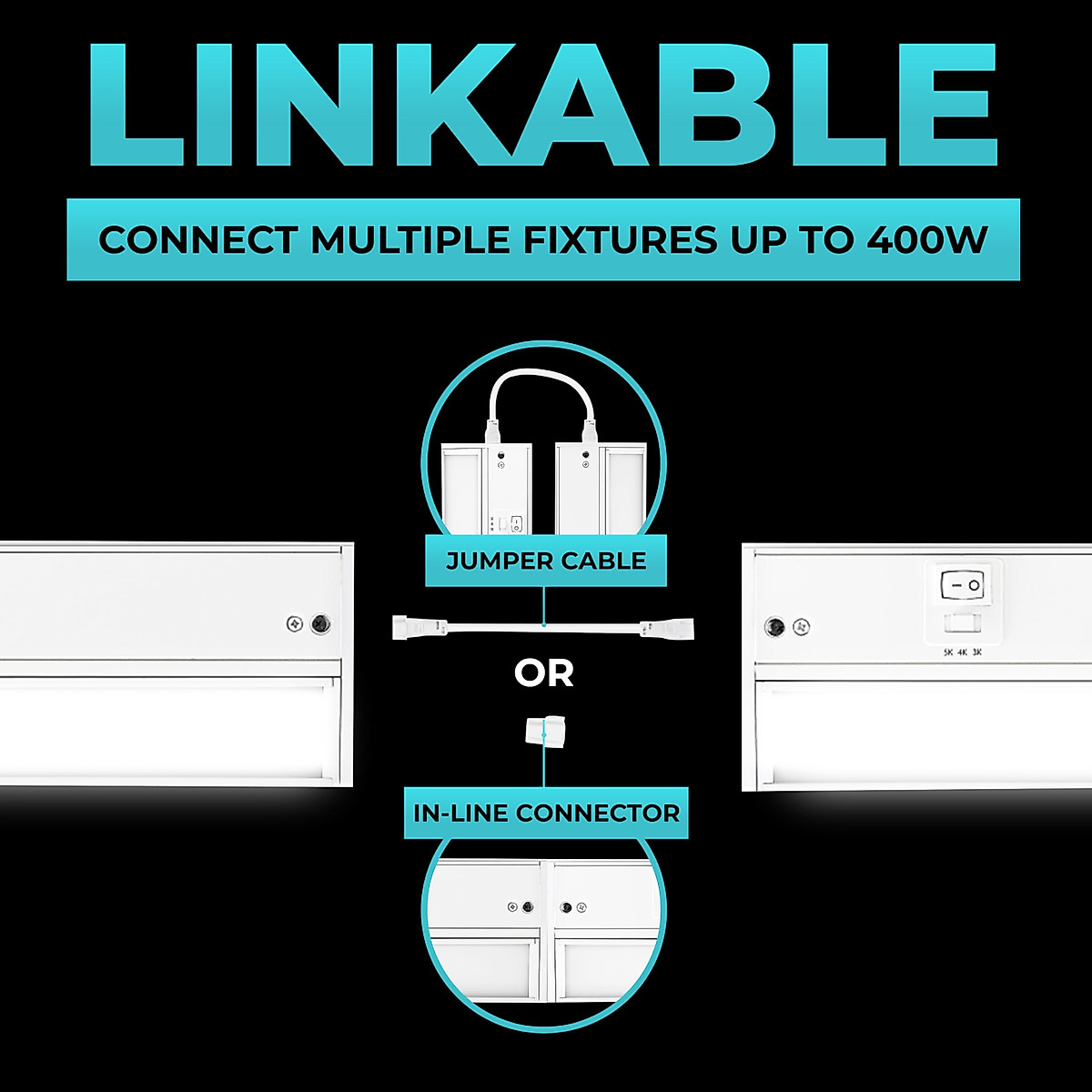 Magic Lite 24 Inch White LED Under Cabinet Lighting – Dimmable -3 Color Temperature Slide Switch – Warm White (2700K), Soft White (3000K), Cool White (4000K) - Plugged-in or Hardwired Installation