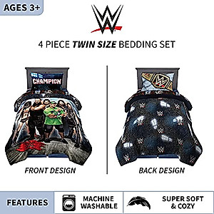 WWE Kids Bedding Comforter and Sheet Set, 4 Piece Twin Size, by WWE, Black/Multicolor