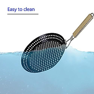 Zemibi Grill Pan With Holes, Nonstick Grill Skillet, Heavy Duty Frying Pan with Wooden Foldable Handle, Grill Basket Hollow Tray for Camping Cookware, Picnics and Other Outdoor BBQ Activities