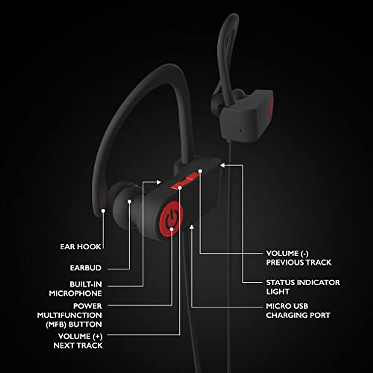 Klipxtreme JogBudz II Sports Earphones with Mic Lightweight Water-Resistant Earbuds with Ear Hooks Compatible with Siri and Google Voice, Wireless Headphones (Black)