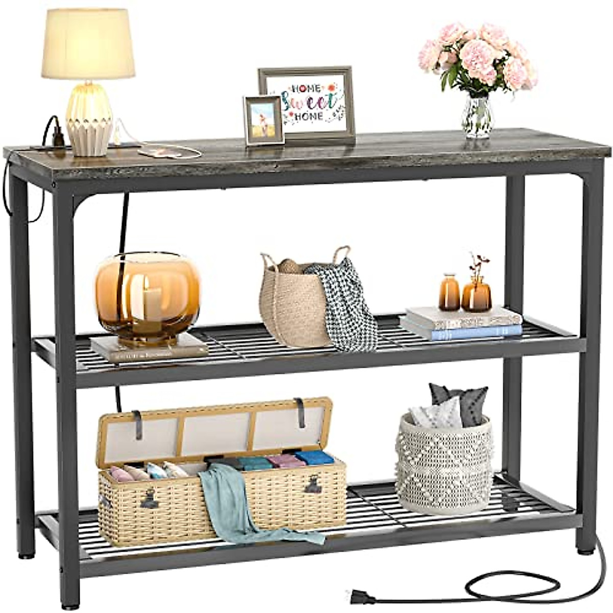 Ecoprsio Console Table with Outlets, Sofa Table with Double Mesh Shelves, Industrial Entryway Table Foyer Table for Entryway, Front Hall, Hallway, Sofa, Couch, Living Room, Coffee Bar, Kitchen, Grey