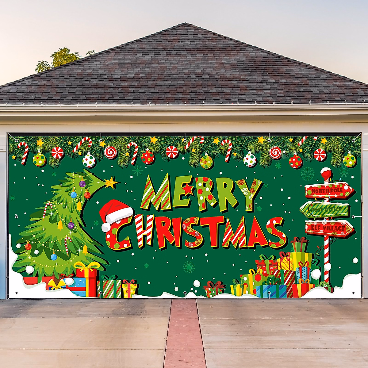 Ganeen Red Green Christmas Outdoor Garage Door Banner Cover 6x13ft Large Merry Christmas Backdrop Decoration Winter Holiday Background Sign for Xmas Garage Door Wall