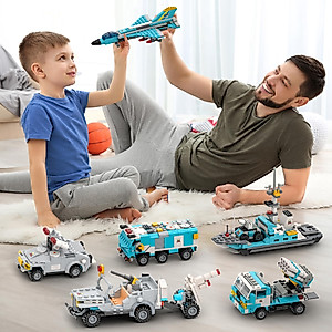 WishaLife 6 IN 1 City War Military Battleship Toy Building Blocks Set, with Army Truck Toys, Car Toys, boat Toy, Airplane Toy, Helicopter Toy, WW2 Construction Toys Gift for Kids Boys Girls Age 6 Plus