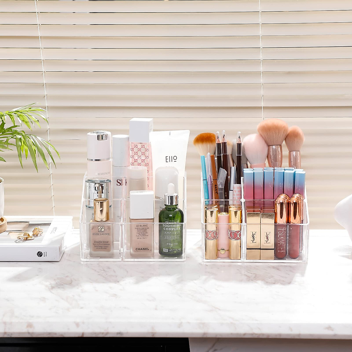 Yesesion Clear Makeup Organizer with 5 Compartments, Plastic Bathroom Counter Storage for Skincare, Toothbrush, Cosmetics Brushes, Palette, Lipsticks, Hair Accessories Holder for Vanity Dresser