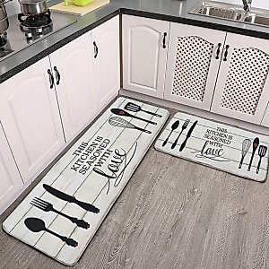 Kitchen Mats Set of 2 Home Decor Rug This Kitchen is Seasoned with Love Floor Anti-Fatigue Rugs Waterproof Non-Skid for Farmhouse Kitchen Dining Room Decor Modern 17" x 47"+17"x 24"