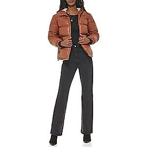 Levi's Women's Vegan Leather Quilted Hooded Puffer, Camel, X-Large
