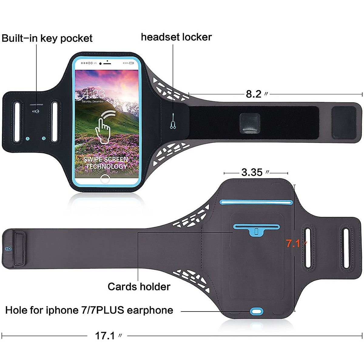 Premium Cell Phone Armband Holder Sports Running Arm Case with Headphone Hole for iPhone Xs Max 8 7 6 Plus Galaxy S10+ S9 S8 S7 Moto G7 G6 E5 Play Z4 Z3 Play Google Pixel 3a Razer Phone 2 (Black)