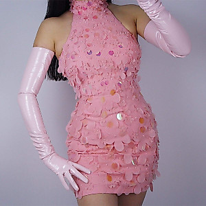 DooWay LATEX Super LONG GLOVES Pink 28-inch PU Faux Leather Patent 70cm Simulation Sexy Women Evening Party Dress Matching