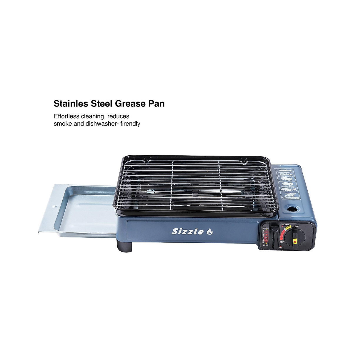 Sizzle Goods Portable Butane Gas Grill with Iwatani Style Stainless Steel Cooking Grate and Nonstick Griddle, Indoor Tabletop Stove, Camping, Korean BBQ, Japanese Yakitori, Yakiniku, Asador Fugitivo