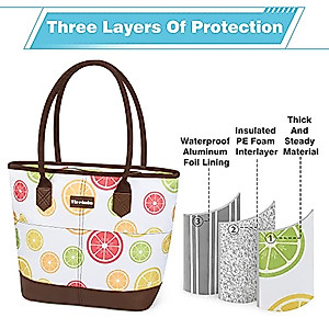 Tirrinia Large Insulated Lunch Tote Bag for Women, Cute Waterproof Leakproof Cooler Bag with Zipper for Work, Beach, Adult Shopping Grocery Bags for Frozen Food - White Lemon