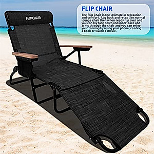 EasyGo Product FLIP Face Down Tanning Chaise Lounge Chair with Face & Arm Holes-4 Legs Support-Textilene Material-6 Position-Arm Head Rest Pillow-Beach or Home Use-PATENTS Pending, Black