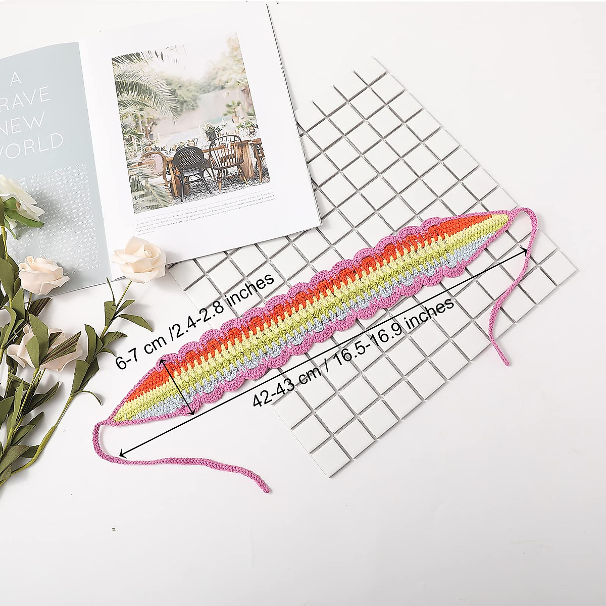 CHLINS Hairband, 3PCS Crochet Headband Women Floral Hairband - Elastic Handmade Crochet Head Wrap Bohemian knit Headband for Women and Girls(Rainbow, Beige, Dark Coffee)