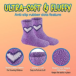 Debra Weitzner 6 Pairs Warm Fuzzy Socks for Kids with Grippers - Non Skid Slipper Socks for Toddlers - Solid Hearts 4-6 Yr