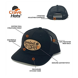 CRAVE HATS Fueled by Coffee Trucker Hat, Coffee Lover Gift, Coffee Gift for Men & Women (Black/Black)
