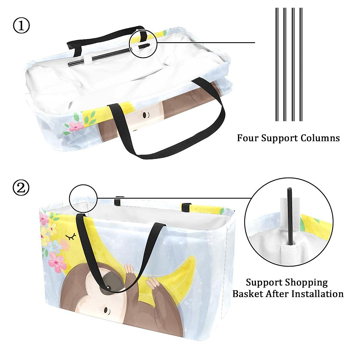 Reusable Shopping Basket Watercolor Sloth Portable Folding Picnic Grocery Bags Laundry Basket Shopping Tote Bag