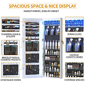 LVSOMT LED Mirror Jewelry Cabinet, Wall/Door Mount Jewelry Organizer Armoire with Lights, Full Length Mirror with Jewelry Storage, Over the Door Hanging Jewelry Cabinet (White)