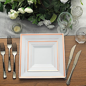 Tableclothsfactory 20 Pack 7" White Disposable Plates Square Plastic Plates Salad Dessert Plates With Shiny Rose Gold Rim For Weddings