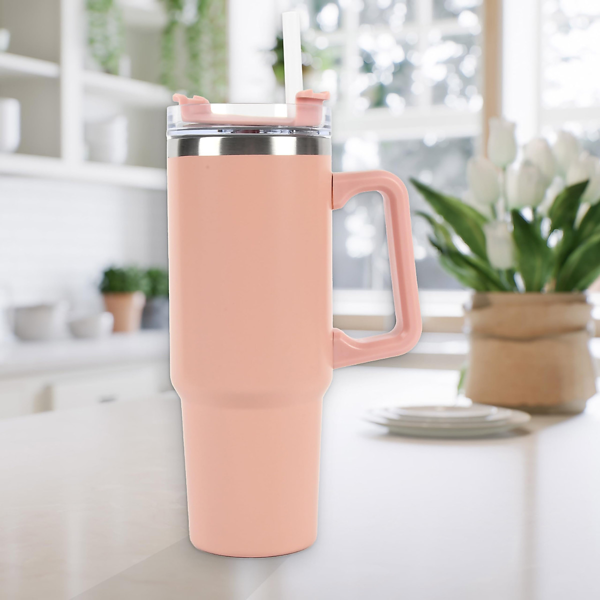 Envie 30 oz Tumbler Mug with Lid and Straw, Reusable Insulated Mug with Handle, Stainless Steel Tumbler for Iced & Hot Beverages, Blush Pink