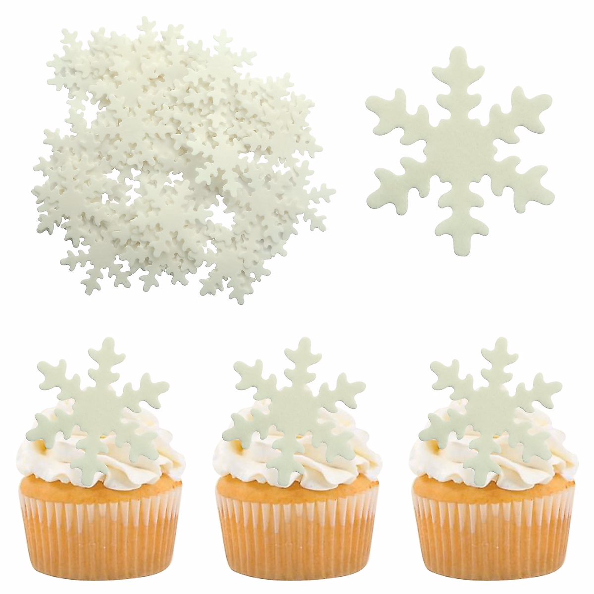 Gyufise 50Pcs White Edible Cupcake Toppers Snowflakes Cake Decoration for Christmas Winter Frozen Birthday Party Supplies