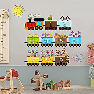 Colorful 9 Number Wall Decals, Creative Figures Sitting in The Train Wall Stickers, Interesting Early Education Digitals Wallpaper, Removable DIY Art Mural for Kids Bedroom, Nursery, Classroom